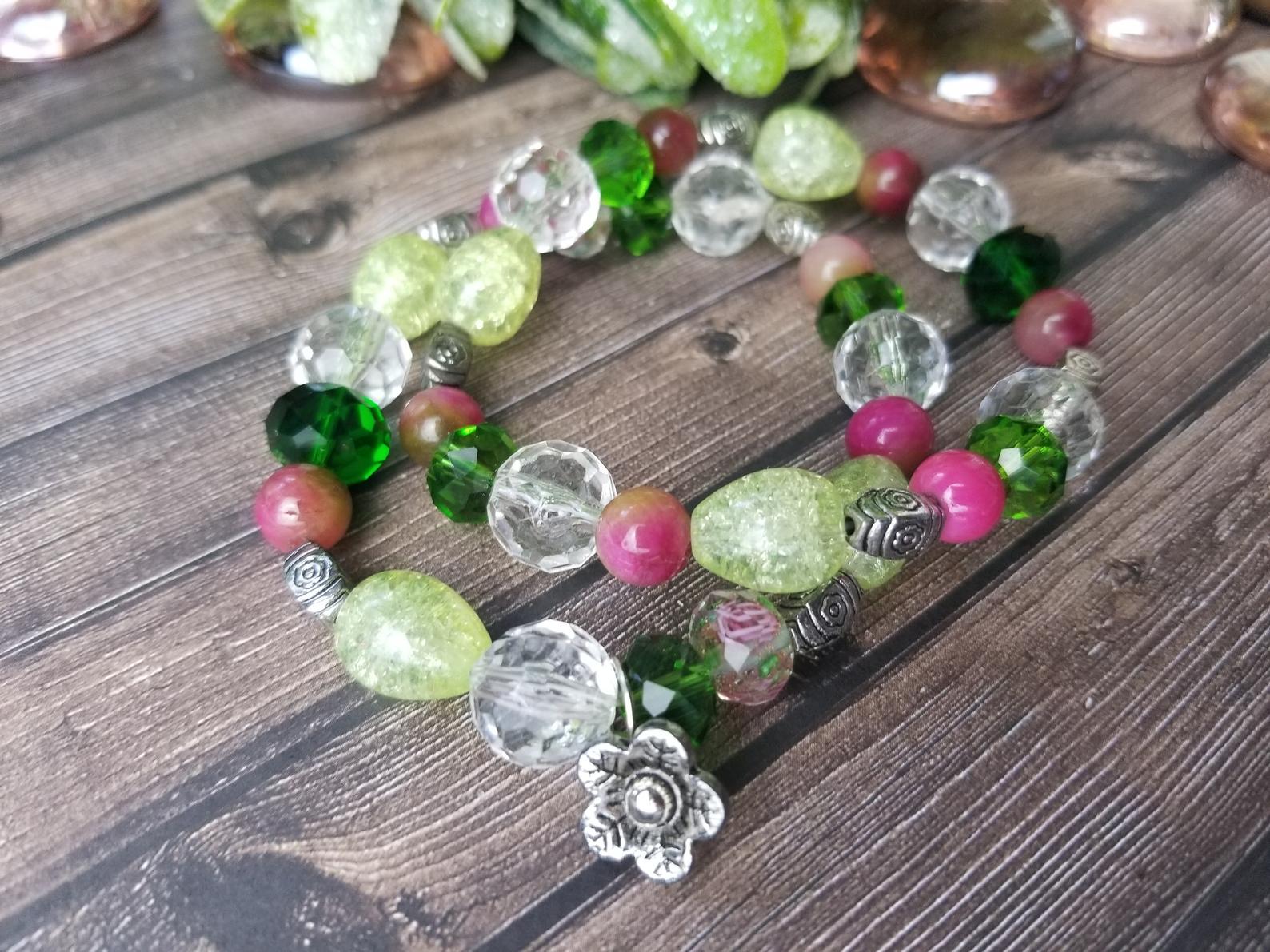 Pink And Green Flower Charm Bracelet Set, Flower Charm, Bracelet Set ...