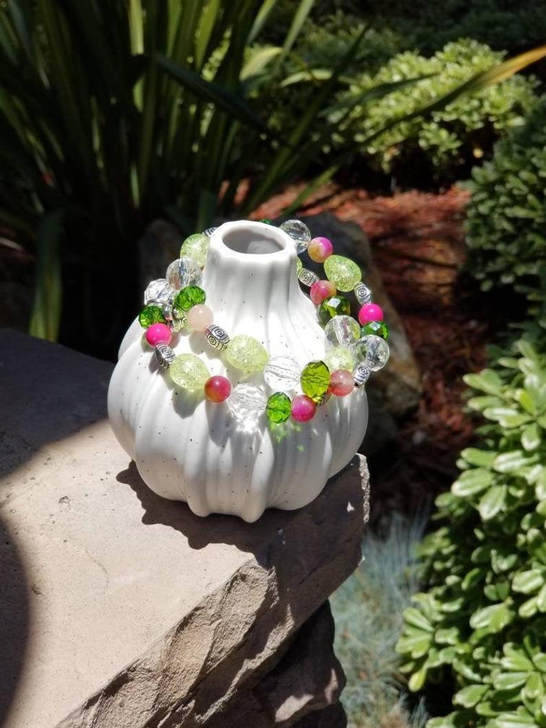 Pink And Green Flower Charm Bracelet Set, Flower Charm, Bracelet Set ...